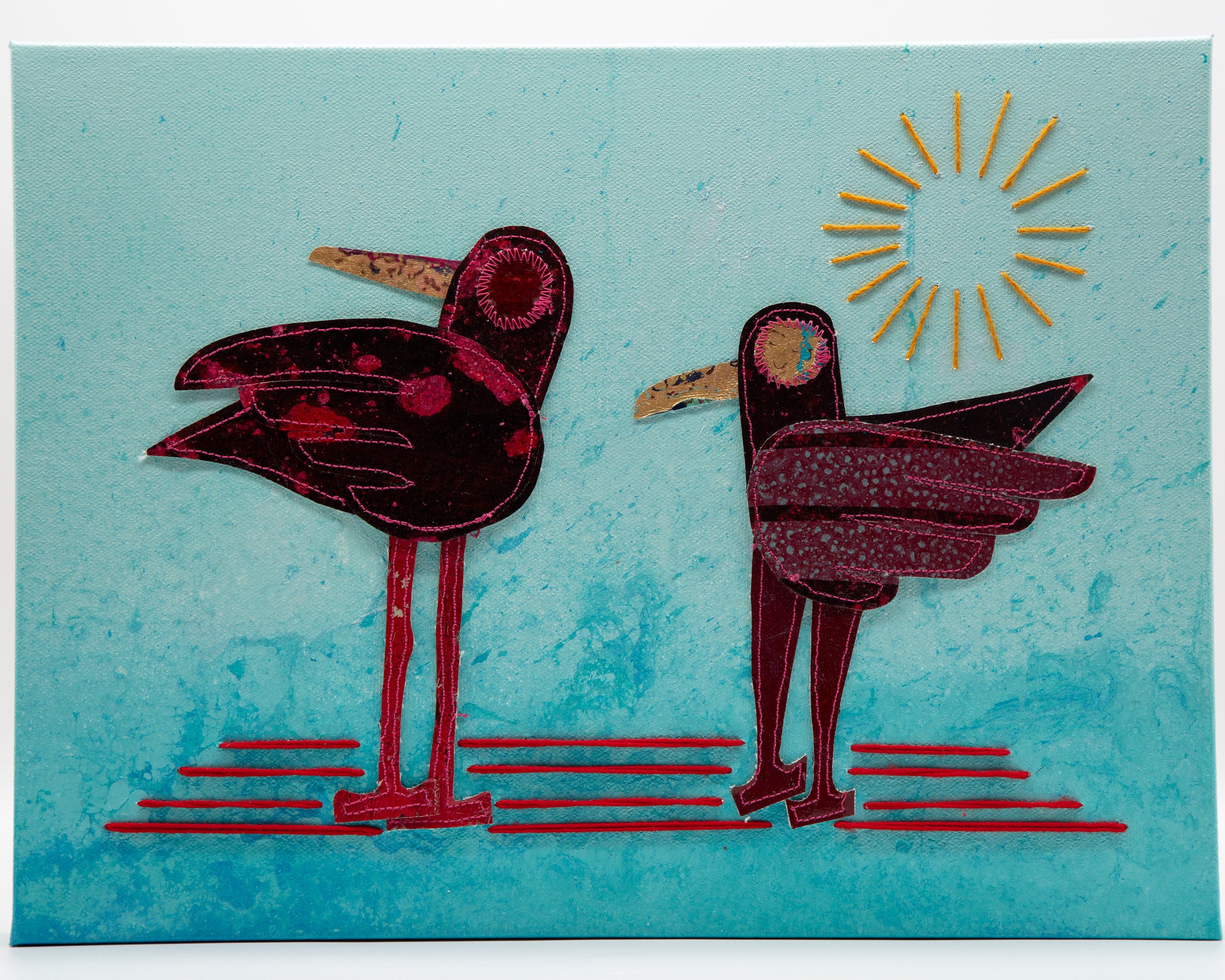 Blue Horizon — Mixed-Media Embroidered Bird Artwork (12×18) – Kuki Studios